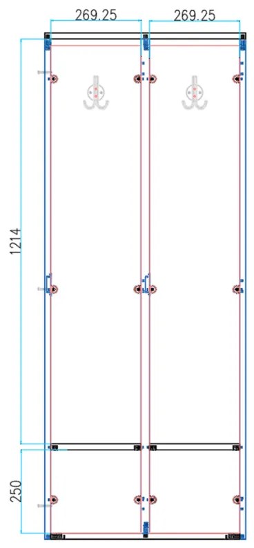 Dřevěná šatní skříňka S4 s lavičkou, 2 oddíly, 1871 x 600 x 500/800 mm, demont, kódový zámek, šedá/modrá