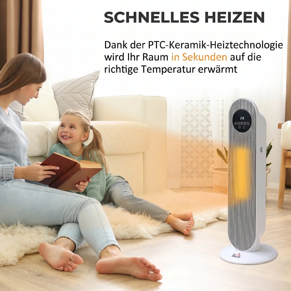 HOMCOM Topný ventilátor 2000W, PTC keramické elektrické topení s dálkovým ovládáním, oscilace, 12h časovač