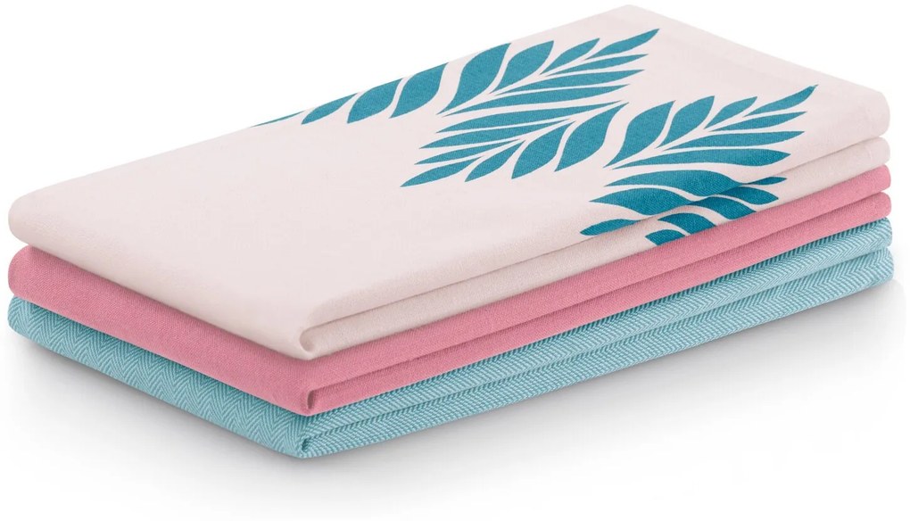 Sada kuchyňských ručníků Letty Leaves - 3 ks tyrkysová/růžová