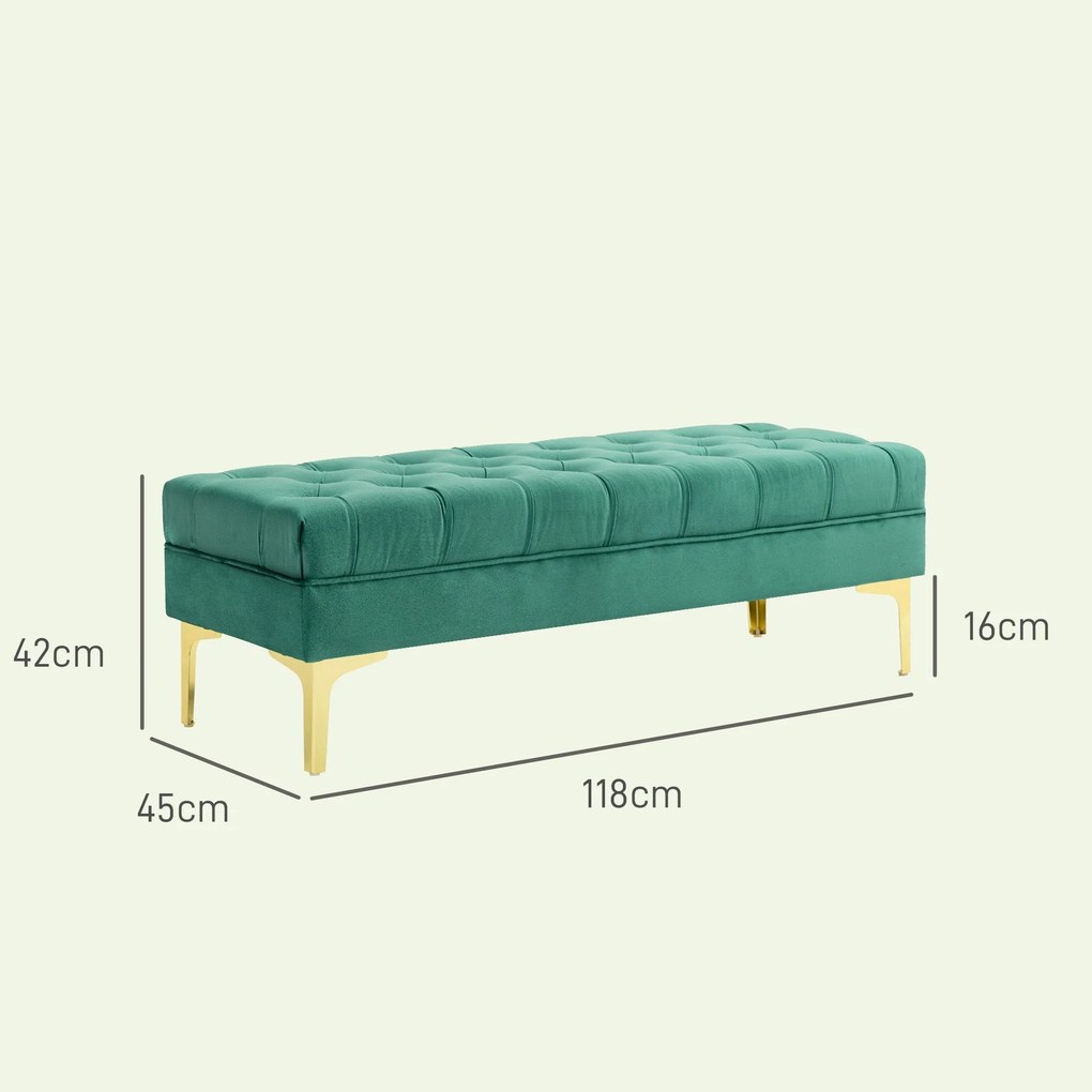 HOMCOM Klasická Chic Léčba Podnožka S Hlavou s Koupelí se Zlatý Skleněné Nohy - Zelený Velvet - 118D x 45Š x 42V cm