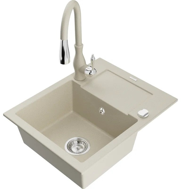 Mexen Enzo, 1-komorový granitový dřez 576x465x174 mm a dřezová baterie Savita, béžová, 6506-69-672601-69
