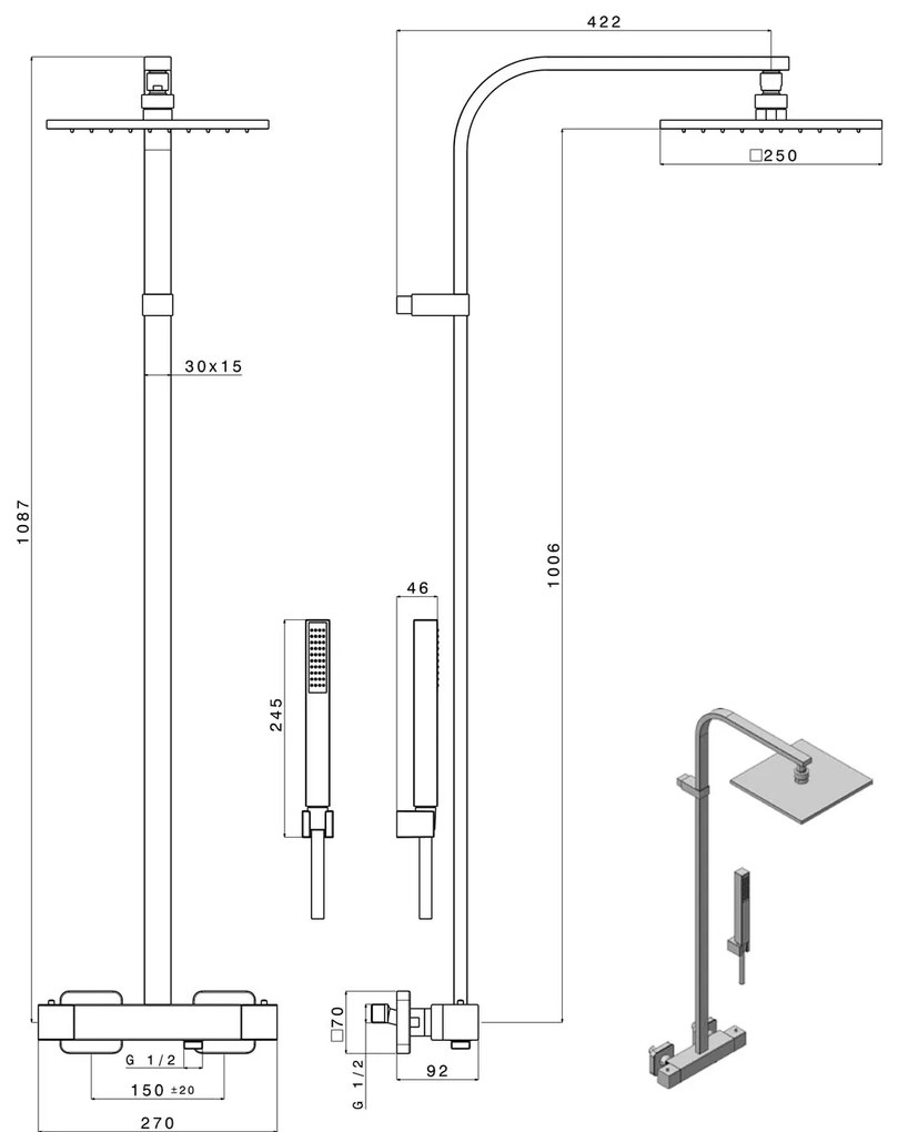 Sapho DIMY sprchový sloup s termostatickou baterií, černá mat, DM322BL