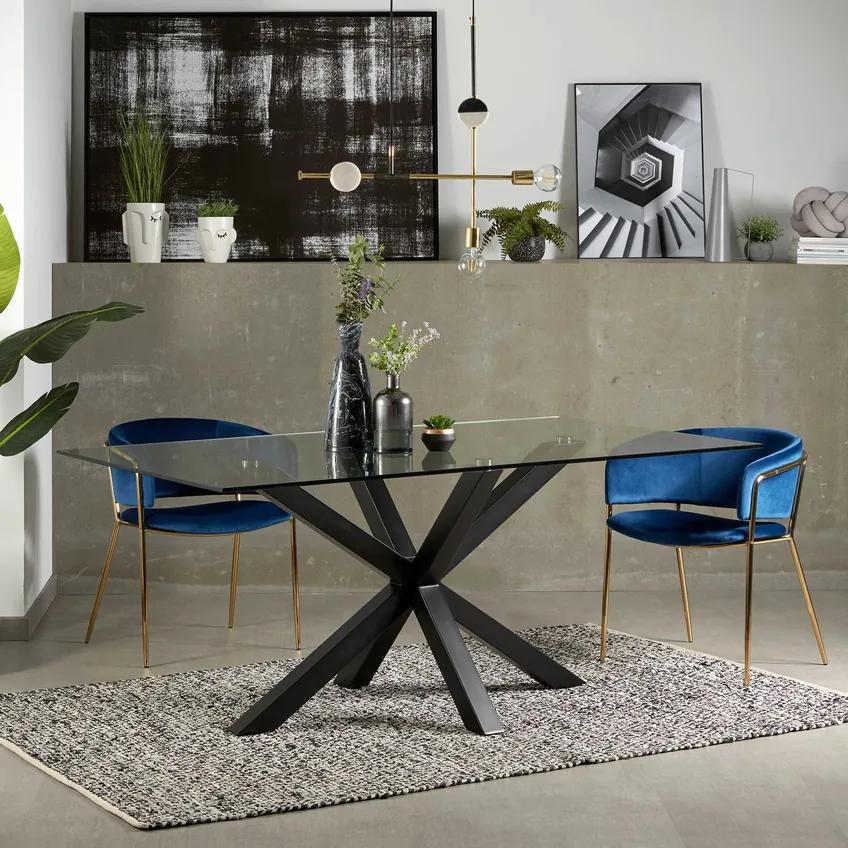 OnaDnes -20% Skleněný jídelní stůl Kave Home Argo 200 x 100 cm s černou kovovou podnoží