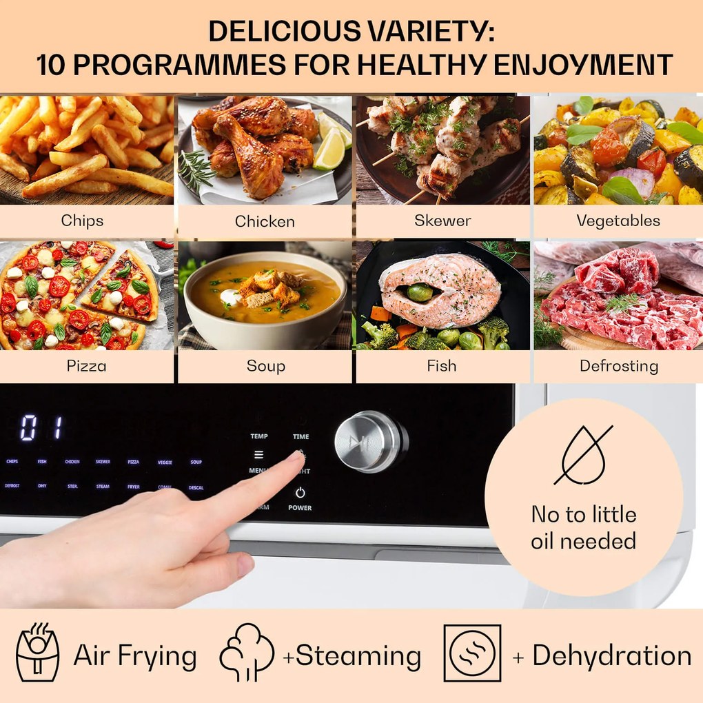 Klarstein Vita Pro, horkovzdušná fritéza, vaření v páře, 18 l, 2450 W, 14 programů, nádržka na vodu 800 ml