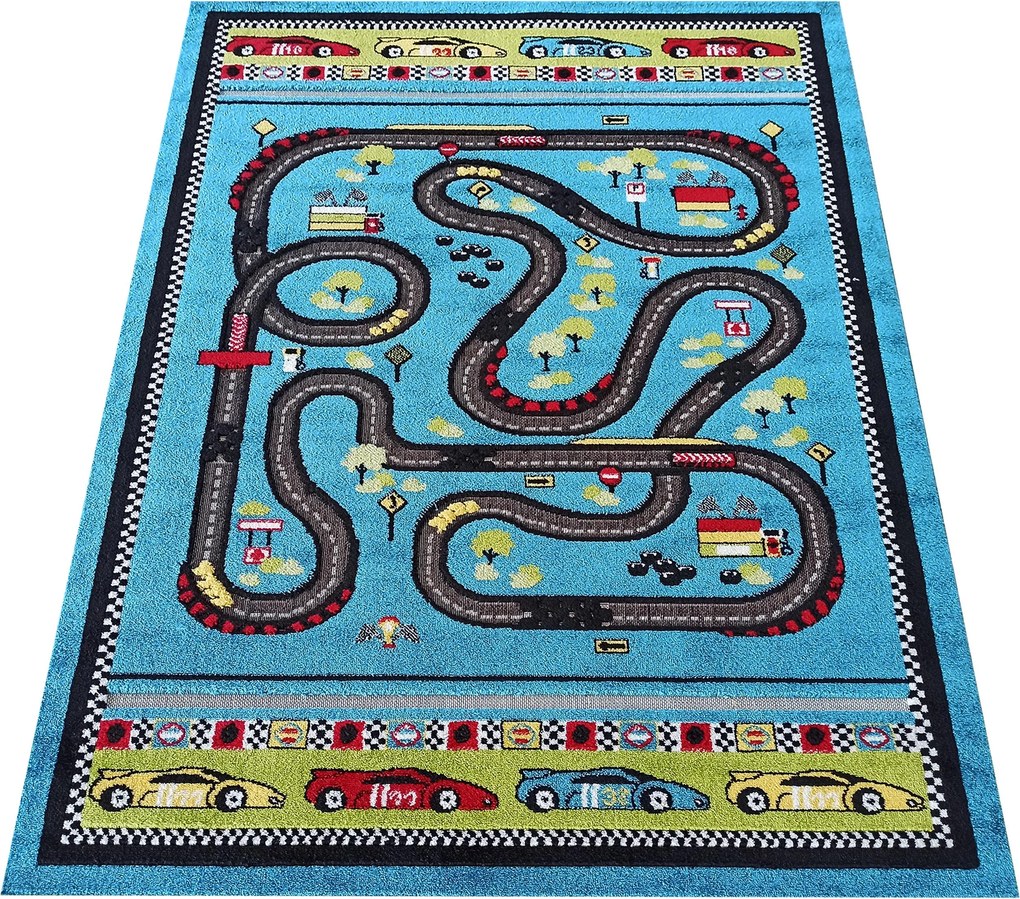 DY Dětský modrý koberec s motivem autodráhy Color Kids 04 Rozměr: 100x150 cm