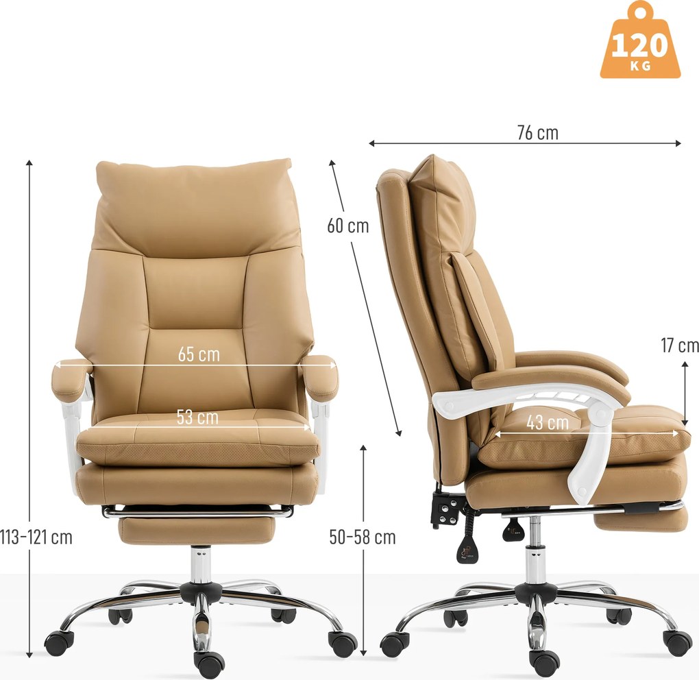 HOMCOM Kancelářská židle Ergonomická židle u stolu s bederní opěrkou, opěrkou nohou Světle hnědá