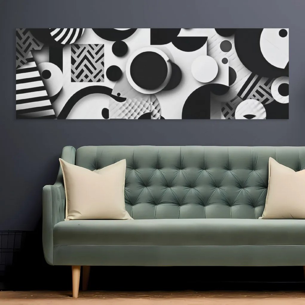 Obraz na plátně - Černobílá abstrakce s kruhy Pop Art FeelHappy.cz Velikost obrazu: 210 x 70 cm