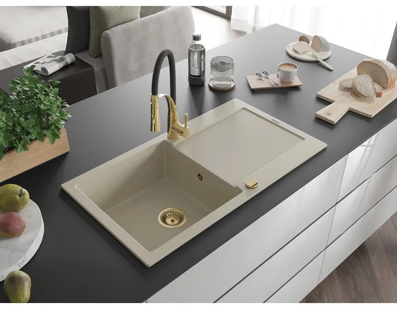 Mexen Leo, granitový dřez 900x500x190 mm, 1-komorový a dřezová baterie Aster, béžová, 6501-69-73450-57-G