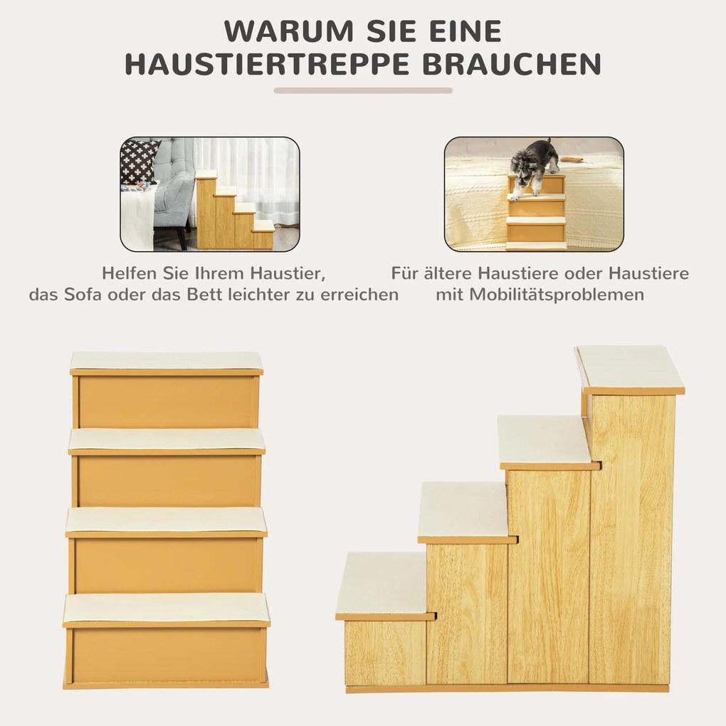 PawHut Schody pro domácí mazlíčky, pro psy/kočky, 4 stupně, krátký plyš, do 30 kg, 40 x 59 x 54,2 cm, přírodní