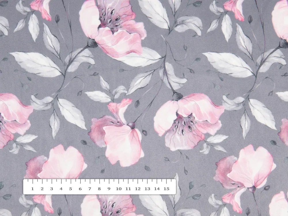 Biante Sametový povlak na polštář s lemem Tamara TMR-013 Růžové květy na šedém 50 x 50 cm