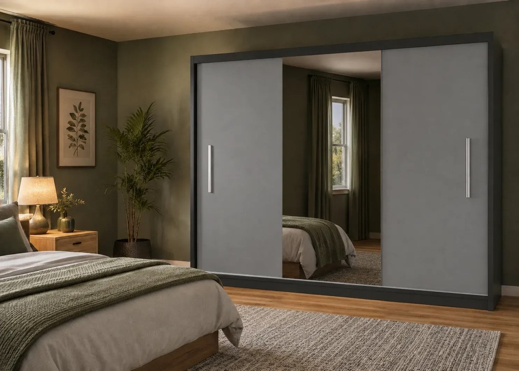 Šatní skříň s posuvnými dveřmi 232 cm se zrcadlem šedá matná  MES PRIMO SZP4/2/1B/2SR1L/0/AL