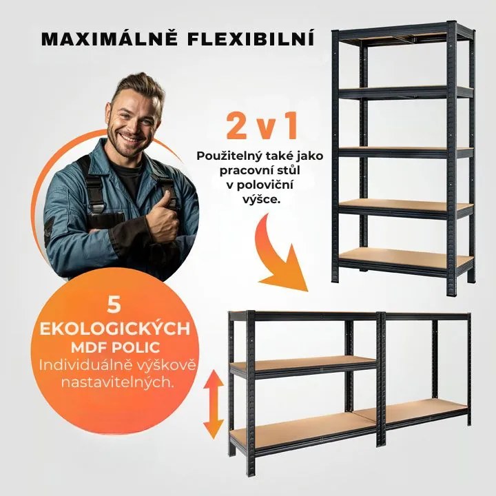 Regál s vysokou nosností HEAVY, max. 875kg, 90x40x180cm, černá Jurhan