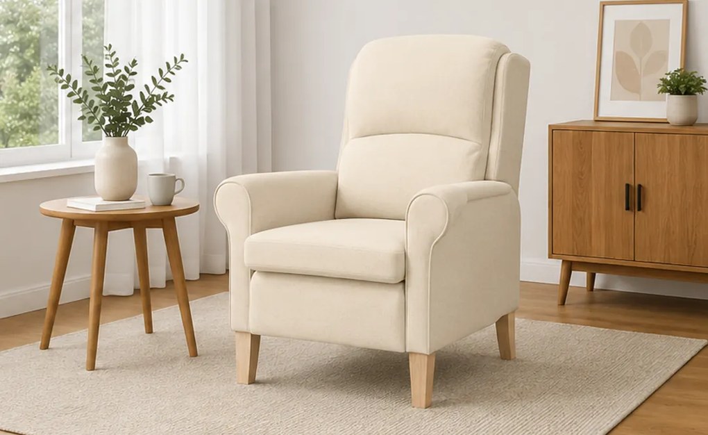 křeslo relaxační, odpočinkové, ušák, dřevo/textil, 101x95x75 cm, přírodní/krémová, Dekorino KR20260040
