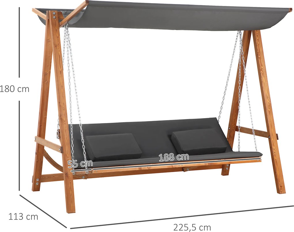 Outsunny Hollywoodská houpačka pro 3 osoby s funkcí lůžka, zahradní houpačka se stříškou, borovicové dřevo v šedé barvě a teak, 225,5x113x180cm