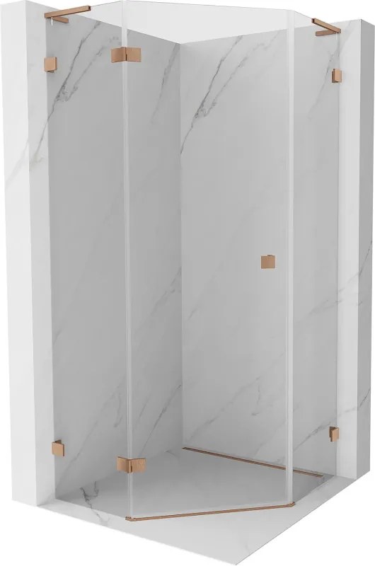Mexen Lunar, L pětiúhelníkový sprchový kout naklápěcí doleva 100 x 100 cm, 8mm čiré sklo, profil měděná matná, 831L-100L-100P-65-00-L