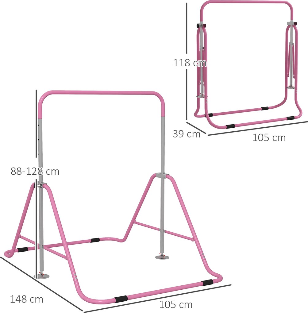Skládací hrazda HOMCOM pro děti 3-8 let, gymnastická hrazda s 5 nastavitelnými výškami a ocelovou konstrukcí, 154x106,2x88,5-128,5 cm, Růžová