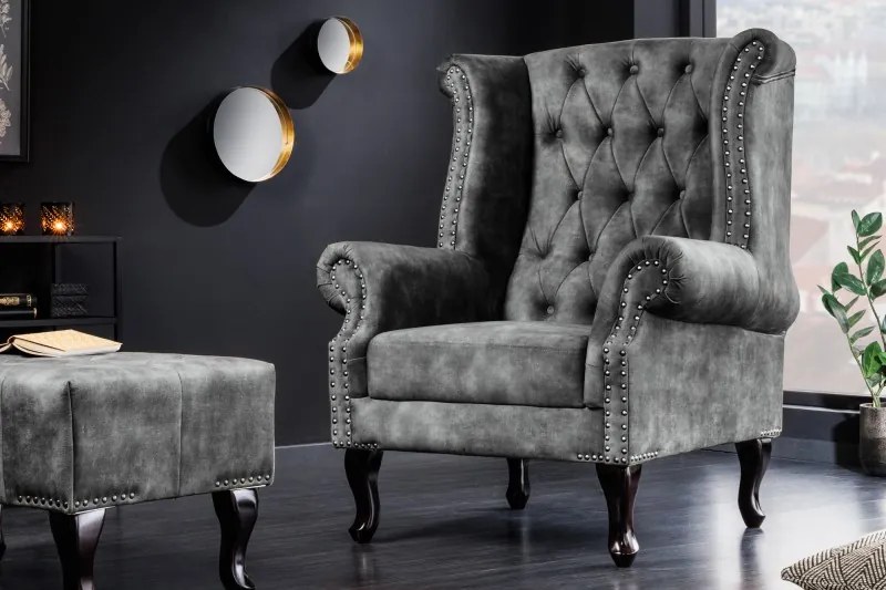 Ušák Chesterfield šedý sametový starožitný vzhled/ 43520