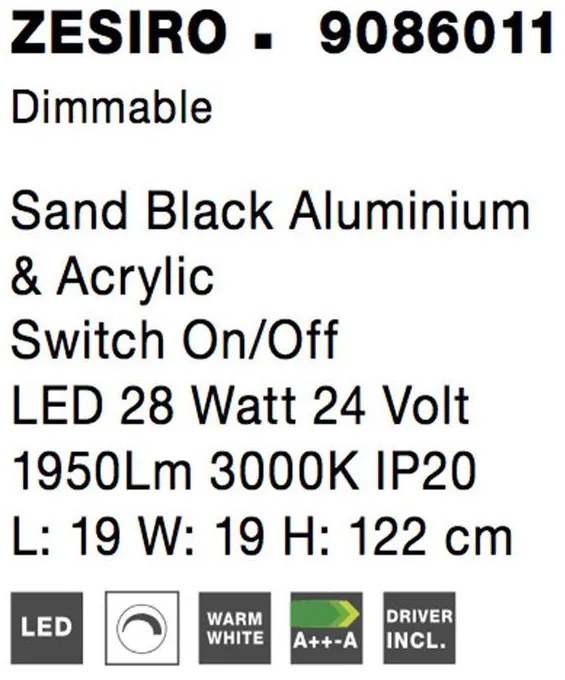 Nova Luce Stojací lampa ZESIRO černá, vypínač na těle LED 28W 24V 3000K stmívatelné
