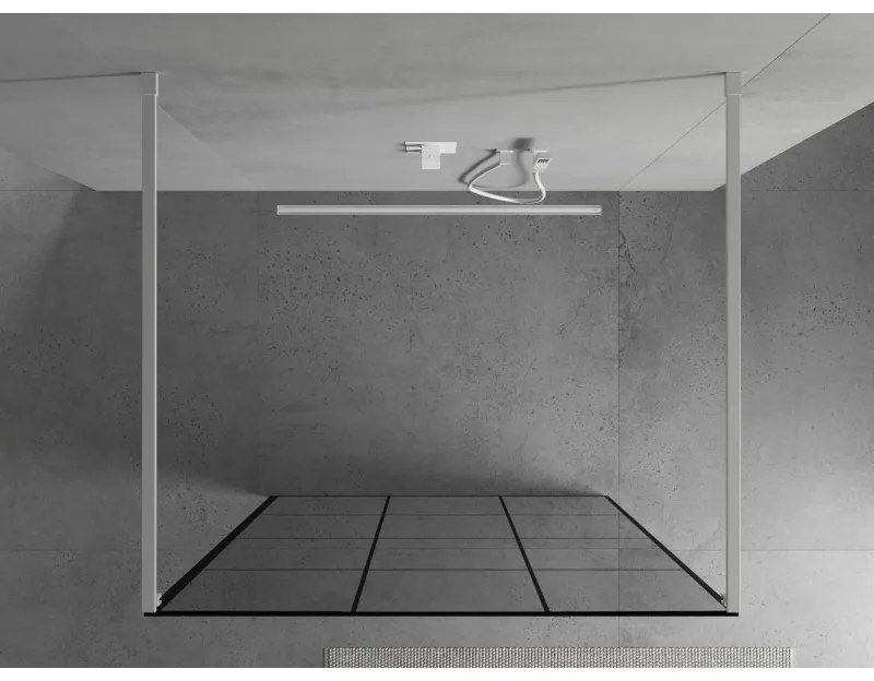 Mexen Kioto, průchozí sprchová zástěna 100 x 200 cm, 8mm sklo čiré/černý vzor, 2x bílá stabilizační rozpěra, 800-100-002-20-77