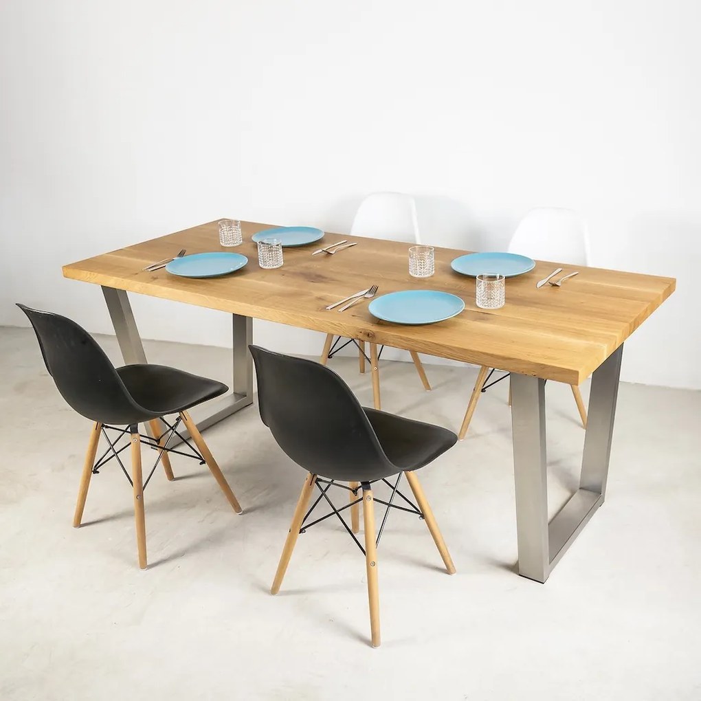 Jídelní stůl s rovnou hranou a zkosenou nerezovou podnoží Odstín nátěru: olej - bezbarvý, Velikost desky: 180x90 cm