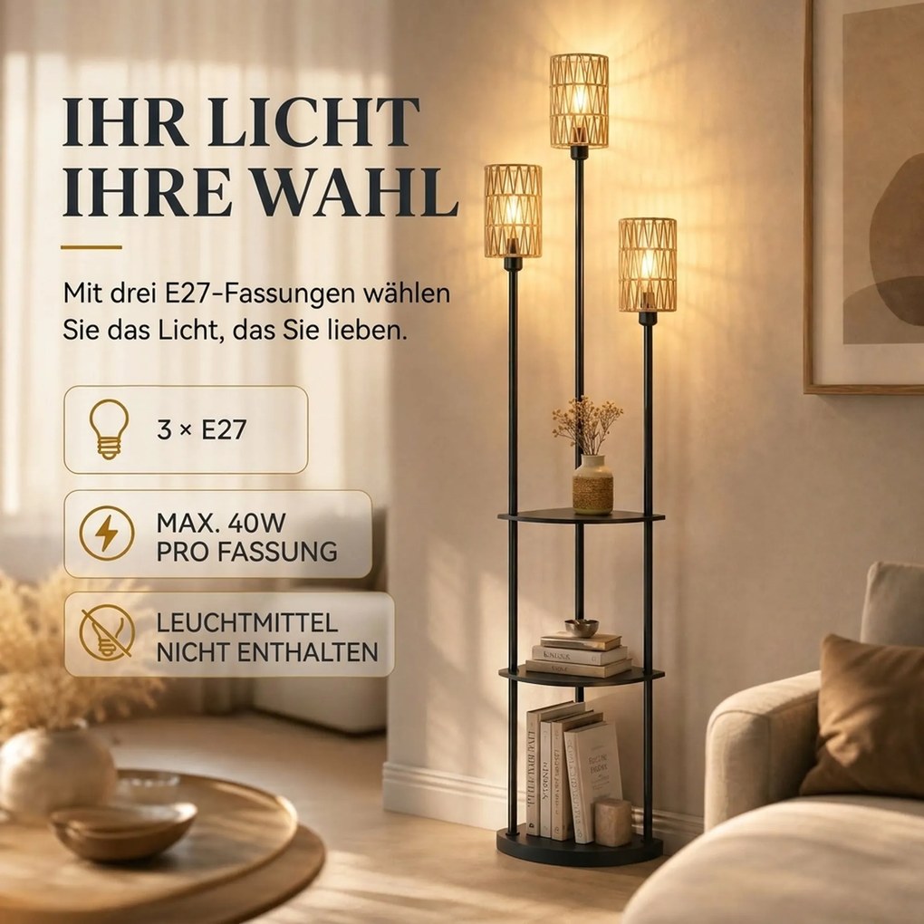HOMCOM Boho stojací lampa se 3 plameny, stojací lampa s 3 policemi, stínidlo z papírového provazu, černá