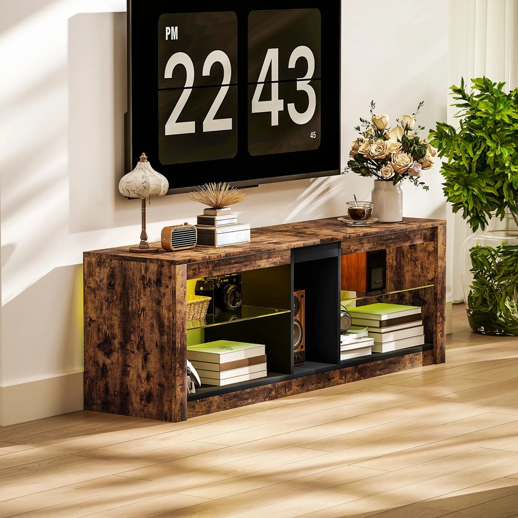 HOMCOM TV nábytek s LED světly a dálkovým ovládáním, otevřené police a přihrádky, 140x35x47 cm, hnědý