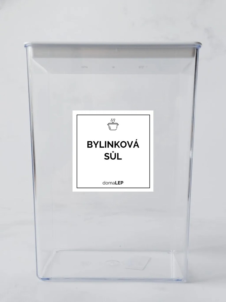 BYLINKOVÁ SŮL – bílá samolepka na dózu, tučné písmo, 5 x 5 cm | DomaLEP