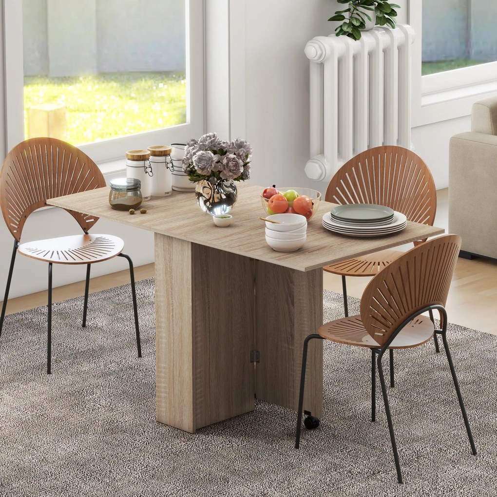Skládací jídelní stůl HOMCOM – Sklápěcí stůl do kuchyně s kolečky, sklápěcími křídly a policemi pro 4-6 osob 75x140x74 cm Přírodní