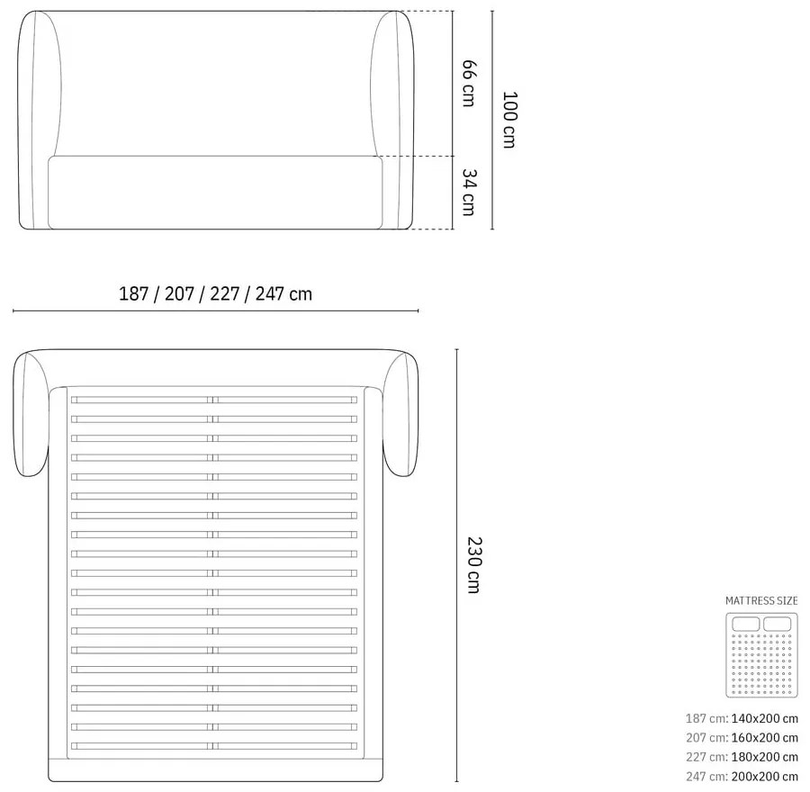 Světle šedá čalouněná dvoulůžková postel s úložným prostorem s roštem 160x200 cm Miley – Micadoni