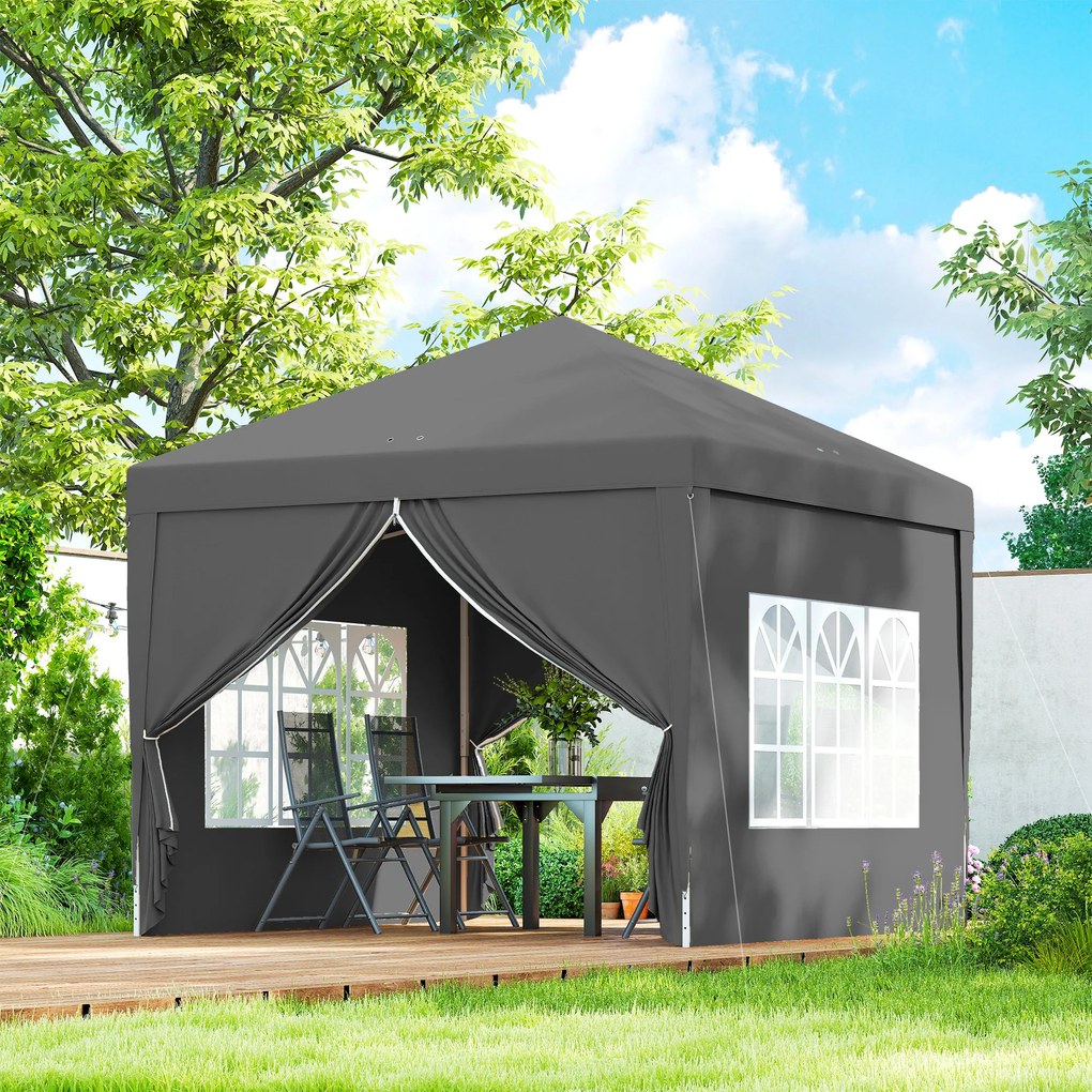 Zahradní přístřešek Outsunny Pop-Up Skládací Recepční Stan 3 x 3m se 4 Odnímatelnými Bočními Stěnami + Šedý Přenosný Obal