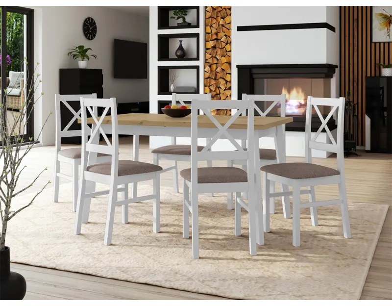 Stůl se 6 židlemi - AL43, Barva dřeva: dub artisan - L, Potah: Zetta 300, Barvy nožiček: Bíla