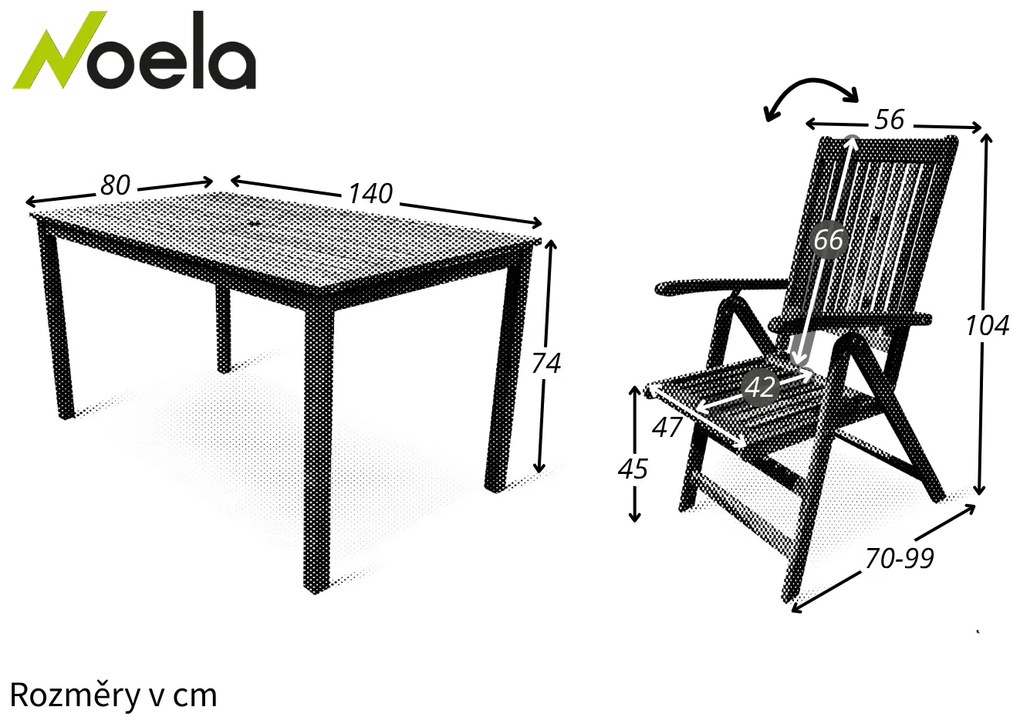 Noela Zahradní dřevěný stůl LUCY + 6x dřevěná polohovací židle Viet