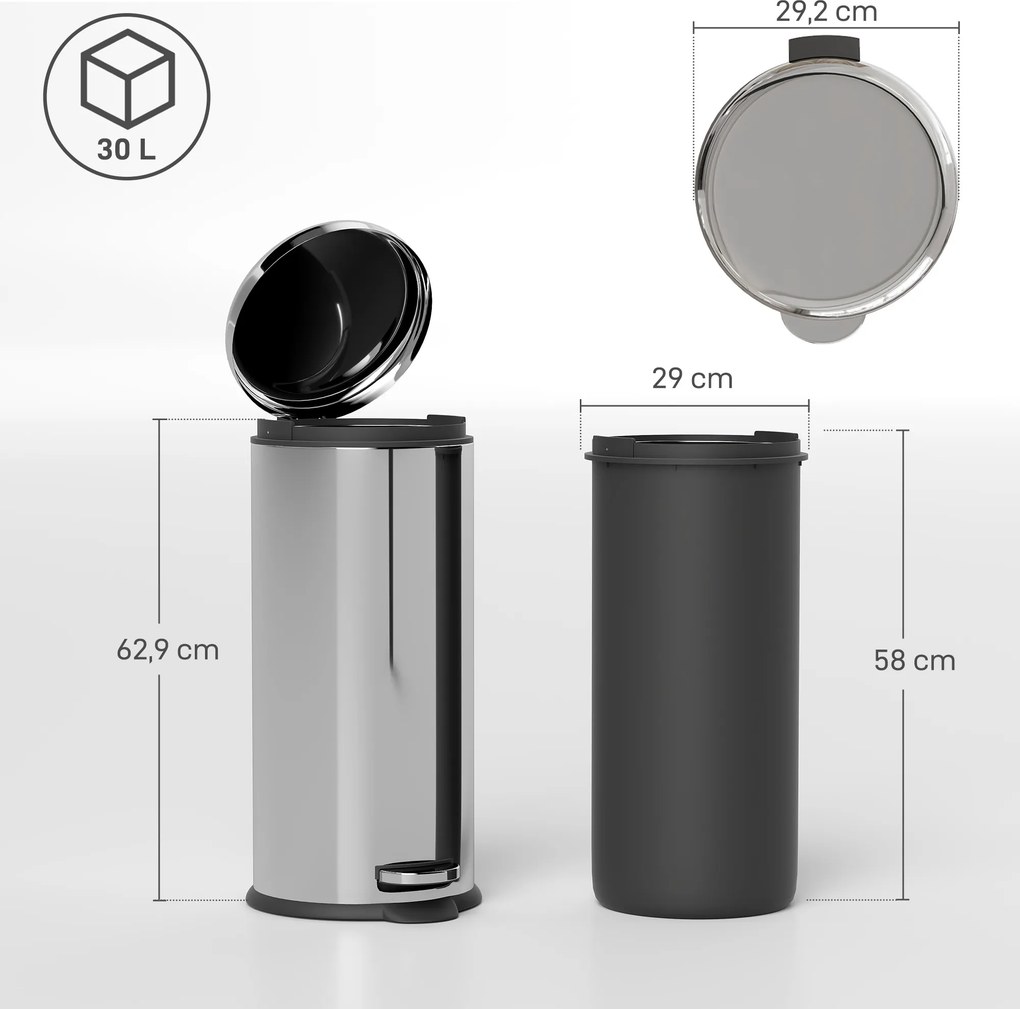 HOMCOM Pedálový odpadkový koš 30 l nerezový pedálový odpadkový koš s vnitřním výklopným víkem hygienický a stříbrný do kuchyně a koupelny | Aosom.de
