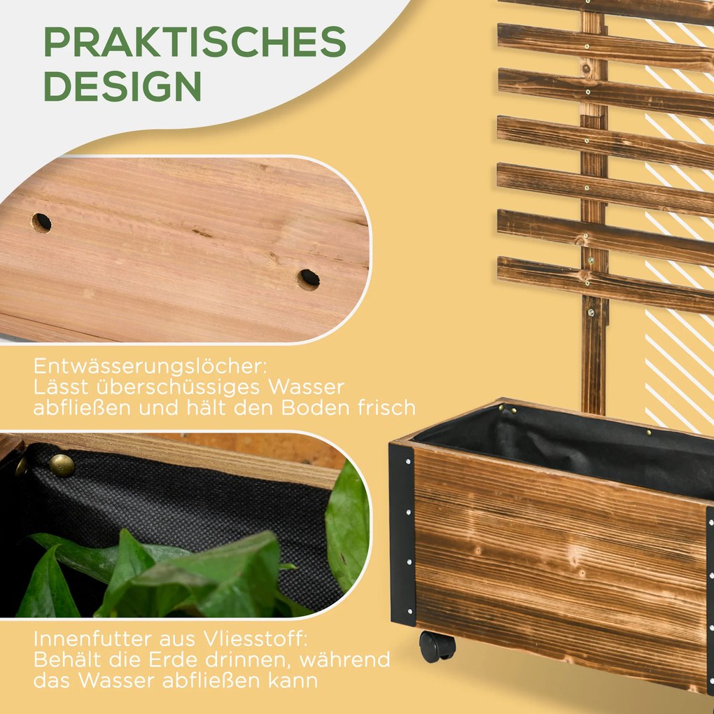 Vyvýšený záhon Outsunny s mříží a kolečky, truhlík na květiny pro popínavé rostliny, truhlík na květiny z ohořelého dřeva, 65 x 31 x 147 cm