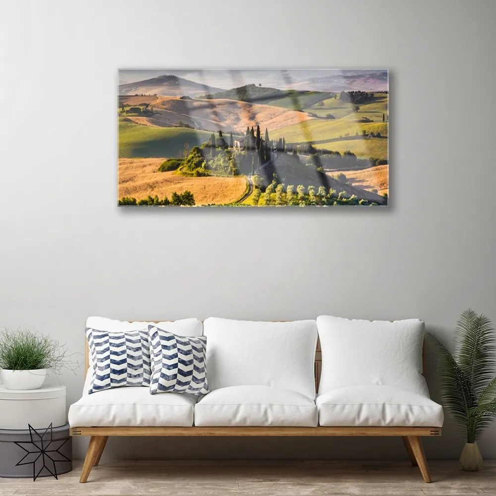 Obraz na skle Krajina Vrchoviny Louky Domek 125x50 cm