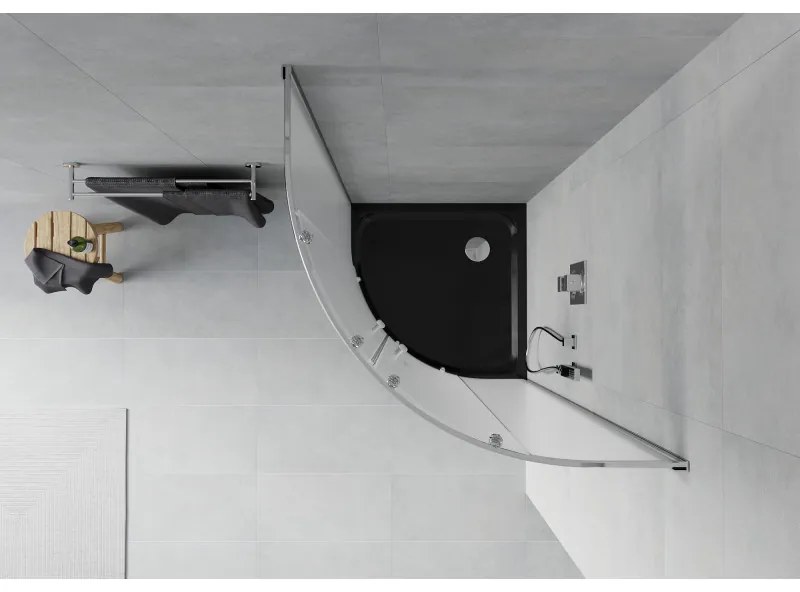 Mexen Rio, čtvrtkruhový sprchový kout s posuvnými dveřmi 90 x 90 cm, 5mm sklo námraza, chromový profil + černá sprchová vanička, 863-090-090-01-30-4170