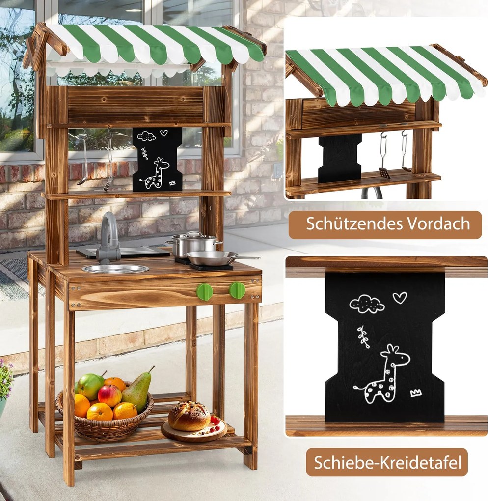 Costway Dětská hliněná kuchyňka se střechou a tabulí a dřezem a kohoutkem.
