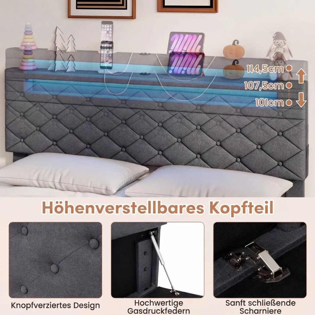 Costway Čalouněná postel s LED osvětlením Nabíjecí stanice (2 USB porty) Rám