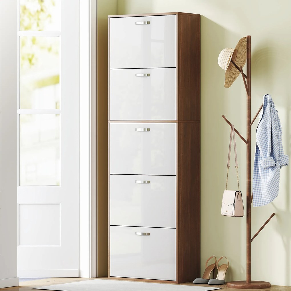HOMCOM Úzký a úsporný obuvník na 5 pater pro maximálně 30 párů se 2 policemi na úroveň, MDF obuvník, 60x28x189 cm, bílá a hnědá