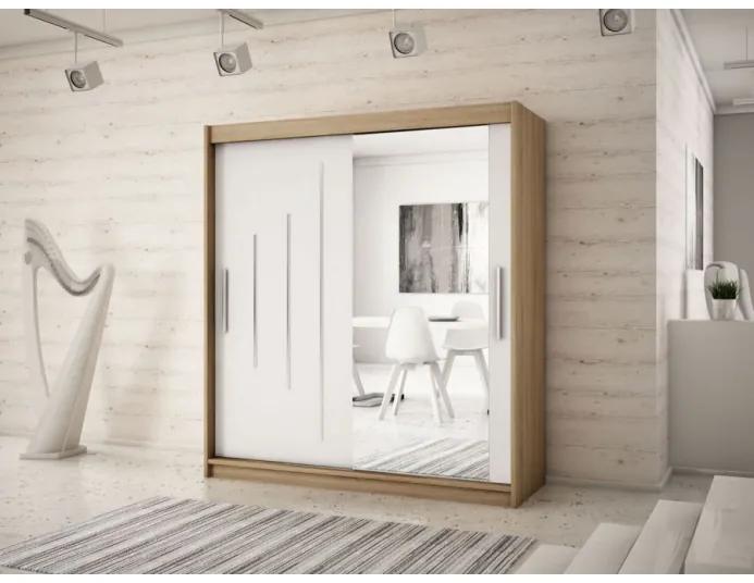Krásná šatní skříň s posuvnými dveřmi a zrcadly Rozalie 150 v barvě dub sonoma-bílá