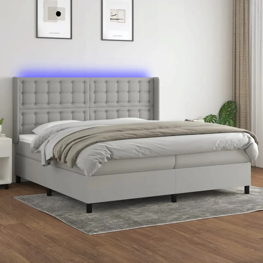 Box Spring Postel S Matrací A Led Textil Světle Šedá tlačítka 200 x 200 c