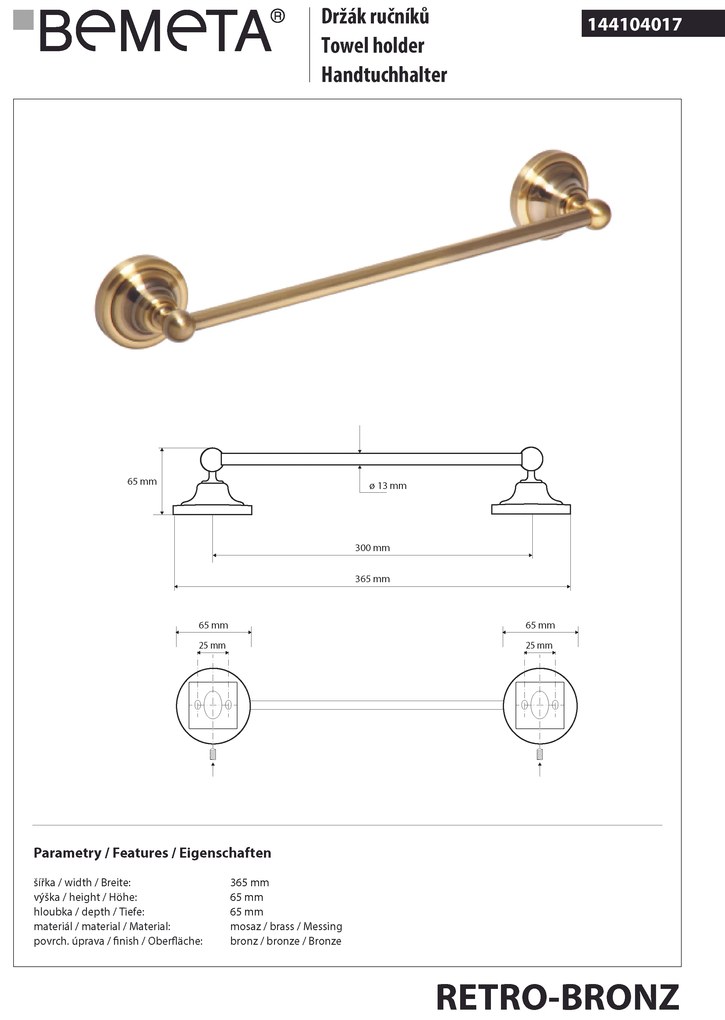 Bemeta Design RETRO bronz: Držák ručníků, 300 mm - 144104017