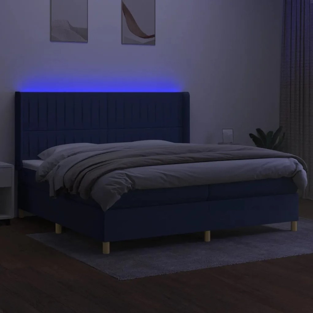Box spring postel s matrací a LED modrá 200x200 cm textil 3139067