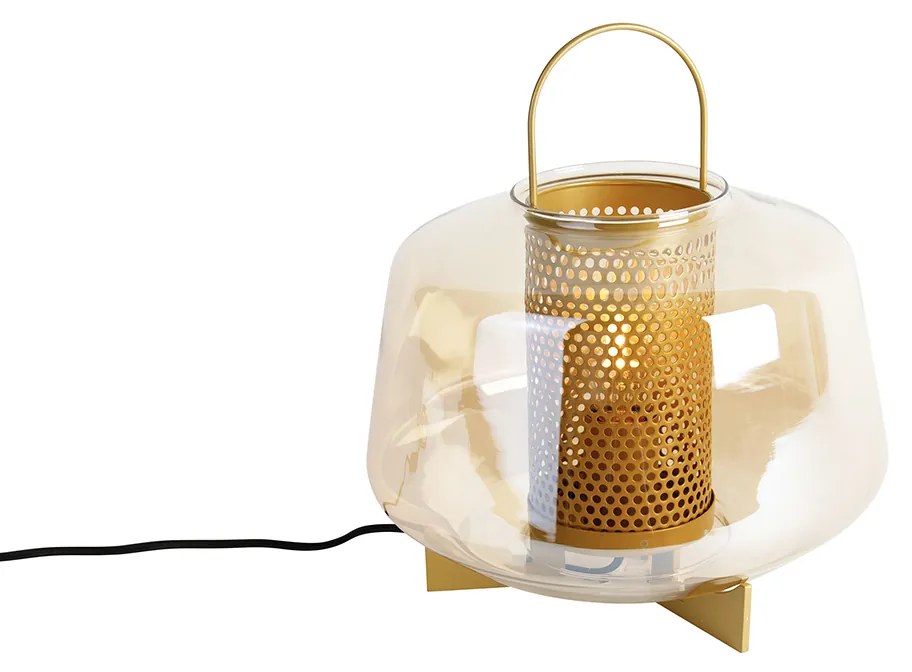 Stolní lampa v art deco stylu zlatá s jantarovým sklem 30 cm - Kevin
