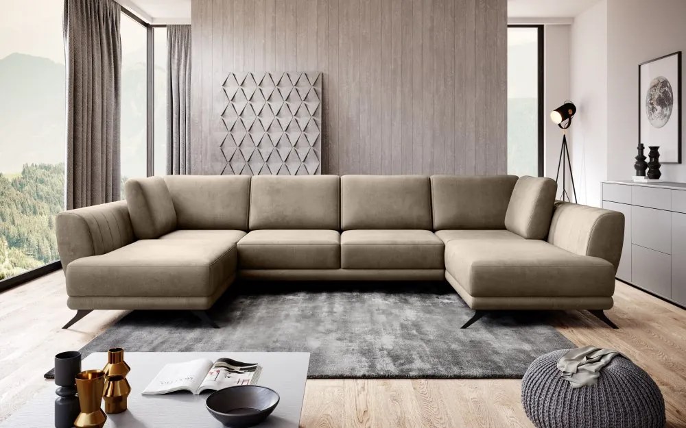 Rozkládací rohová sedačka LARCOME U 362x191cm – rozklad a úložný prostor účko béžová - Nube 20