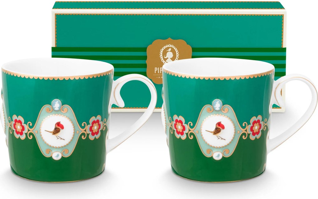 Pip Studio Love Birds sada 2 ks hrnků 165ml, zelená (Sada hrnků v dárkovém balení)