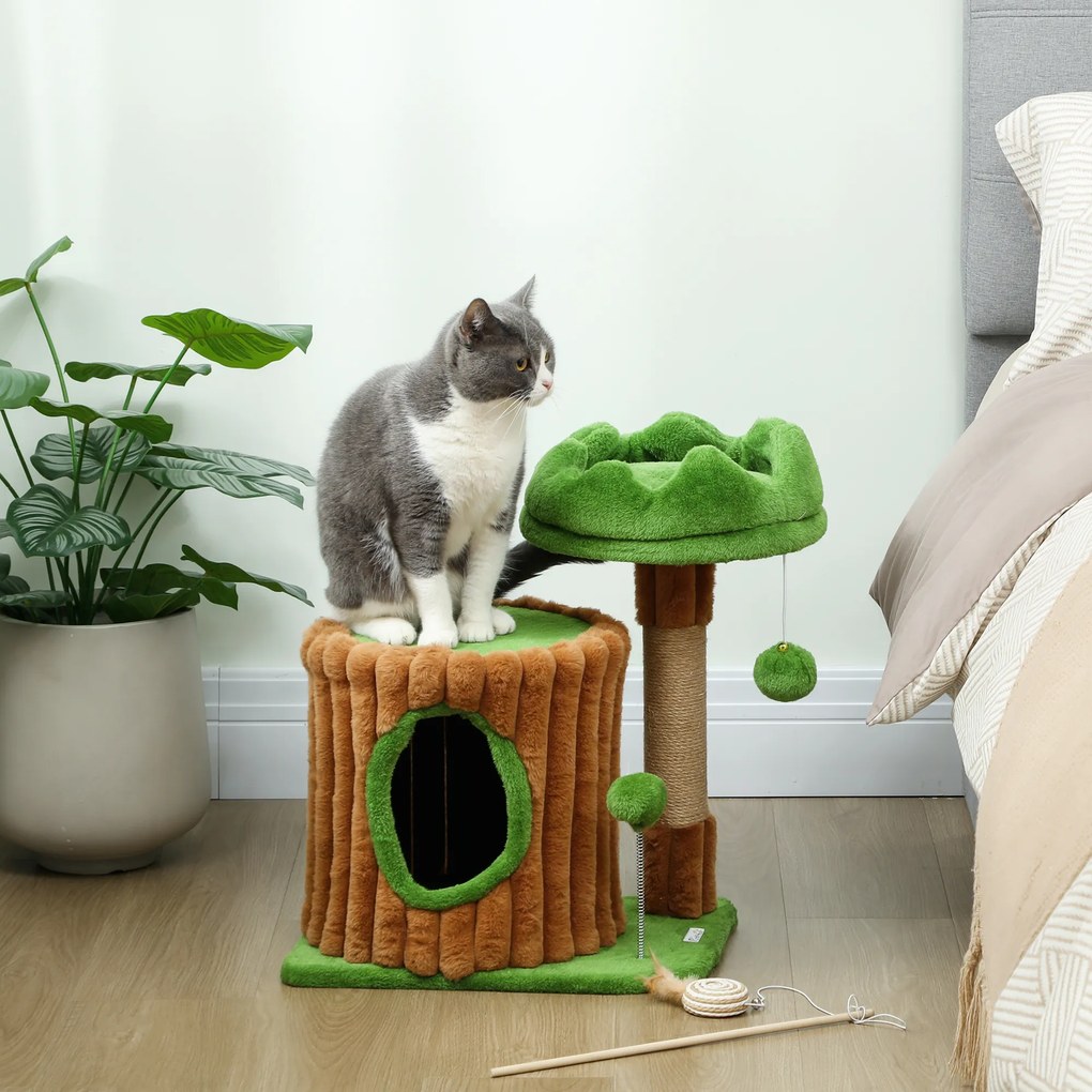 PawHut Škrabadlo 53 cm vysoké, kočičí strom s jeskyní, design kmene stromu, jutové stromy, 2 míčky pro 1-2 kočky do 5 kg, hnědo+zelené