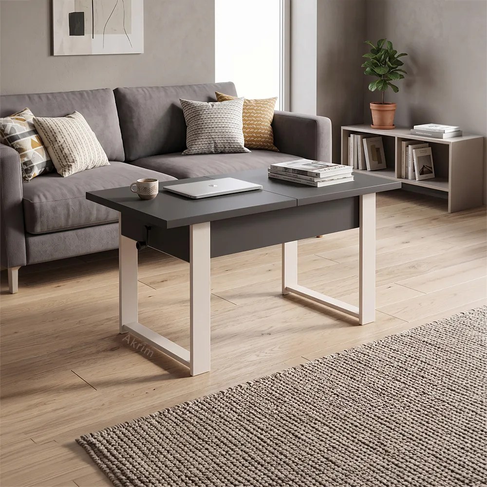 Rozkládací polohovací konferenční stolek HOGO 3v1 | 120-157x62,5-74,5x67 cm | síla horní desky 32 mm | tmavě šedá/nohy kašmír