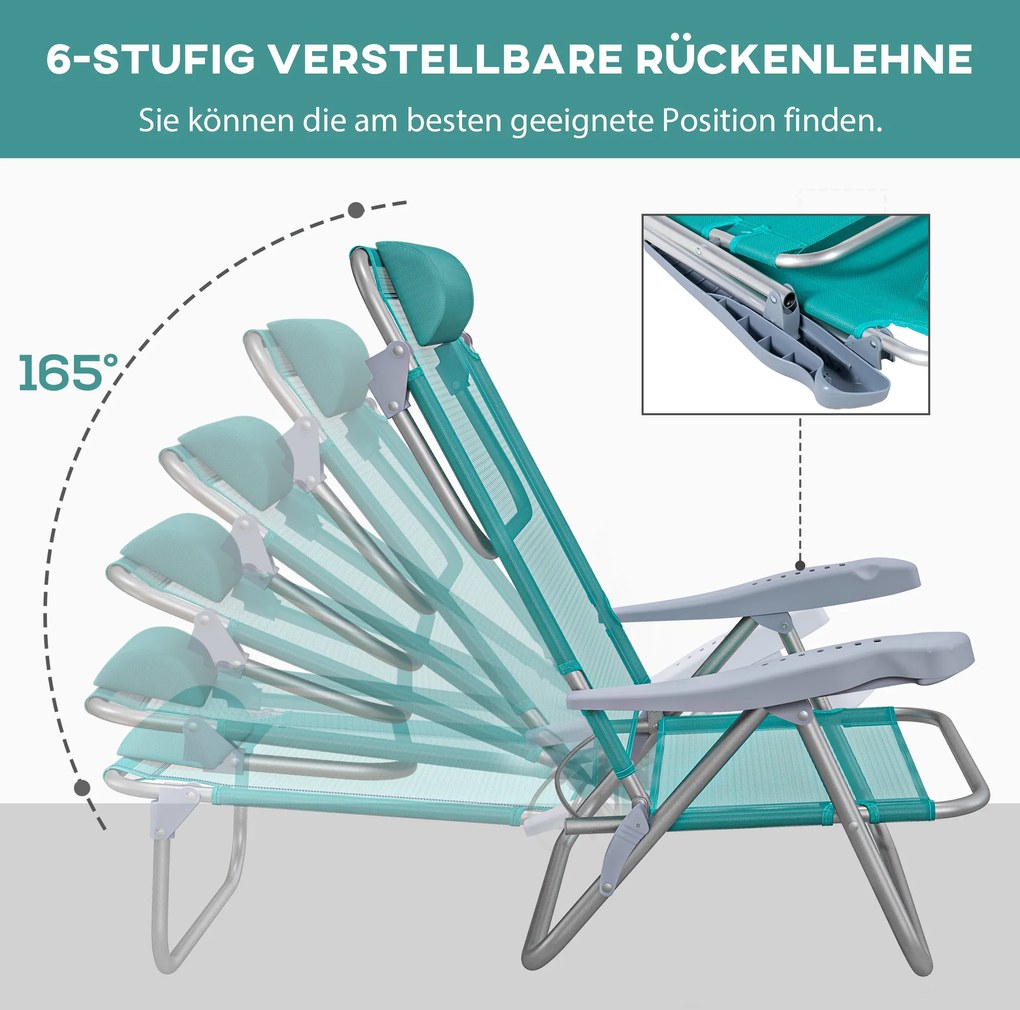 sada 2 skládacích kempingových židlí Kempingová židle s 6-směrně nastavitelným síťovaným opěradlem Opěrka hlavy 62 x 65 x 80 cm Tyrkysová