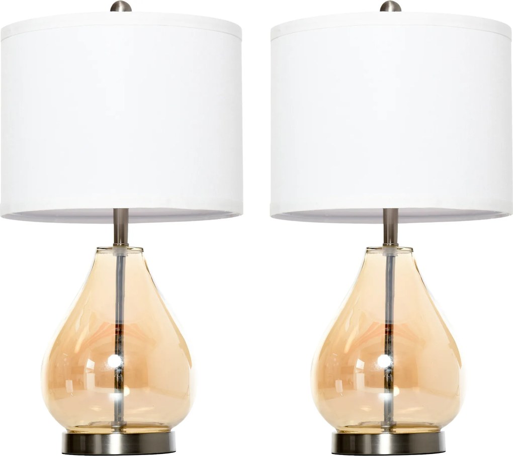 HOMCOM Sada 2 nočních lampiček s paticí E27, 40W, sklo, len, ocel, jantarová barva, Ø30 x 56H cm| Aosom